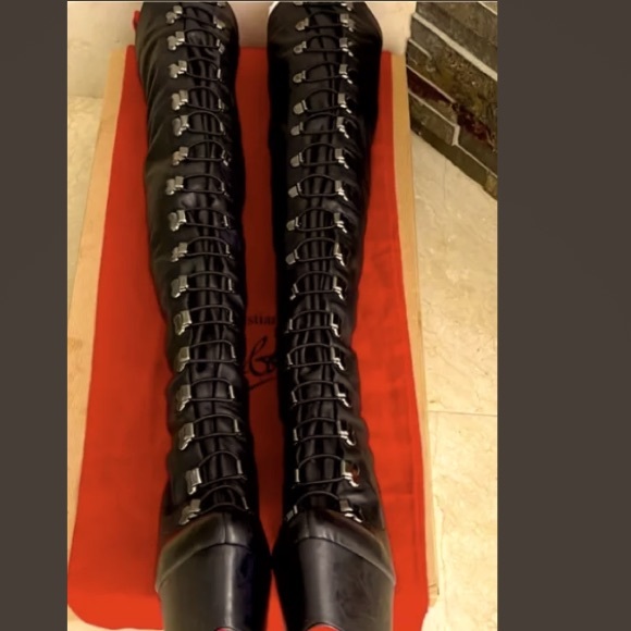 Christian Louboutin | Shoes | Christian Louboutin Maxicroche Black Leather Lace Up Thigh High ...